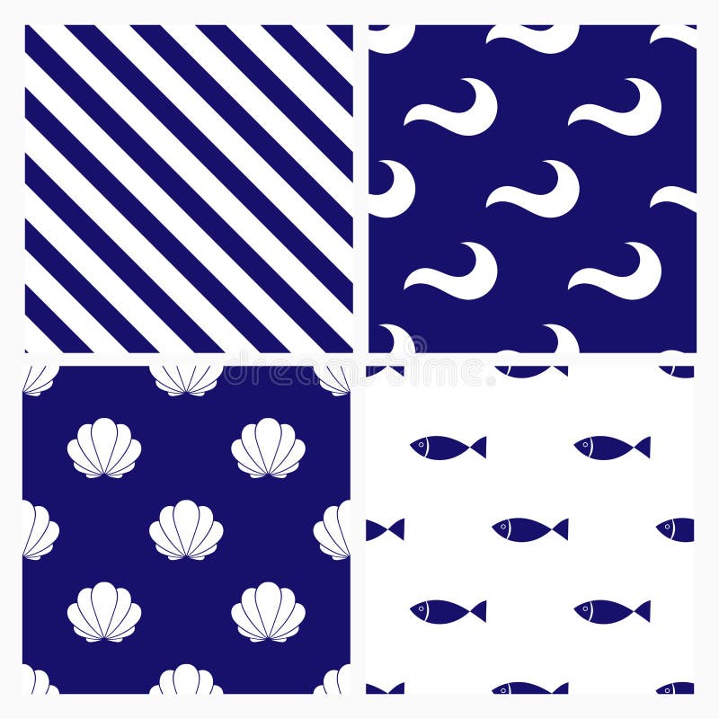 Nautical Marine Pattern Set. Ocean, Fish, Shell Seamless Patterns Stock ...