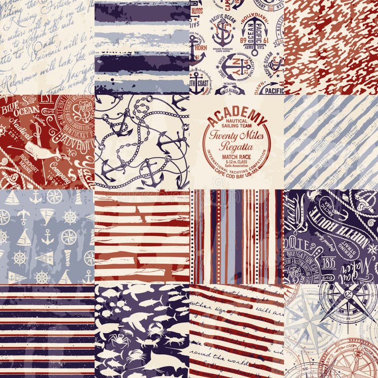 Nautical Marine Sailing Elements Patchwork Stock Vector - Illustration ...