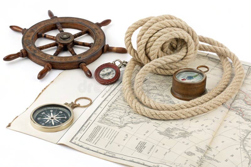 Nautical Objects: Rope, Map, Compass, Steering Wheel, and Porthole, 3D ...