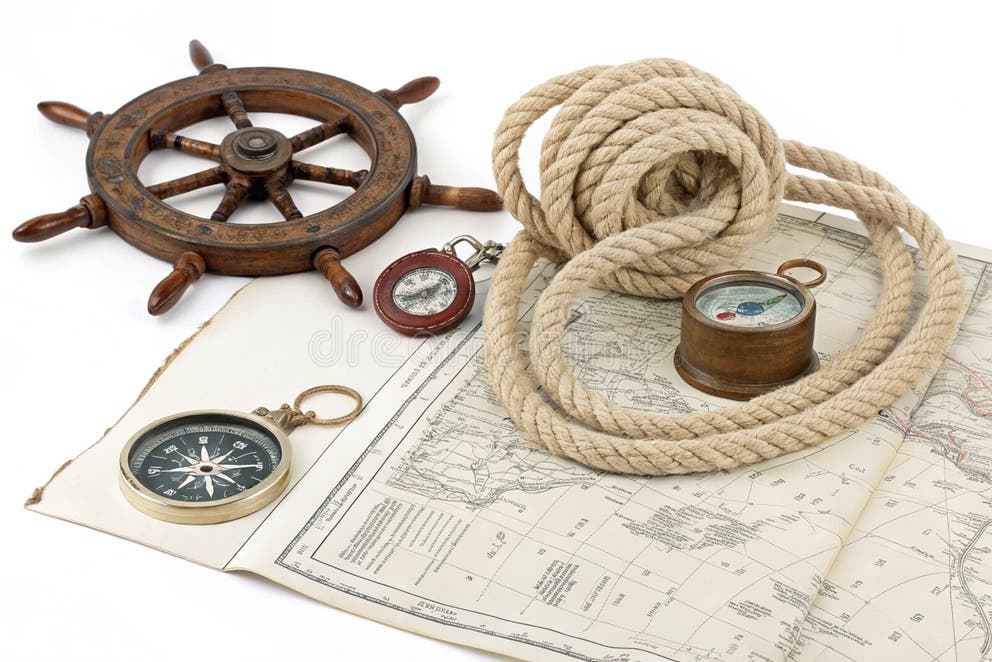 Nautical Objects: Rope, Map, Compass, Steering Wheel, and Porthole, 3D ...