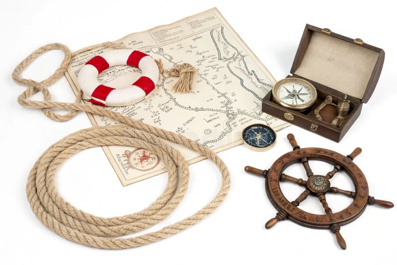 Nautical Objects Rope, Treasure Map, Lifebuoy, Compass, Wheel Isolated ...