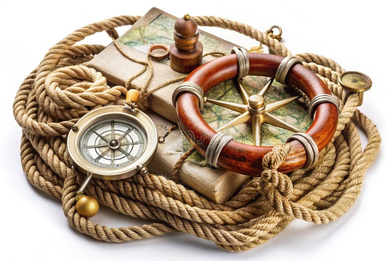 Nautical Objects Rope, Treasure Map, Lifebuoy, Compass, Wheel Isolated ...