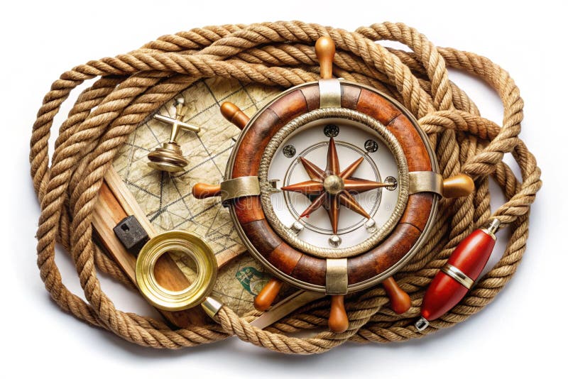 Nautical Objects Rope, Treasure Map, Lifebuoy, Compass, Wheel Isolated ...