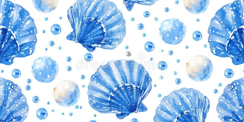 Nautical Pattern Featuring Blue Seashells and Bubbles on a White ...