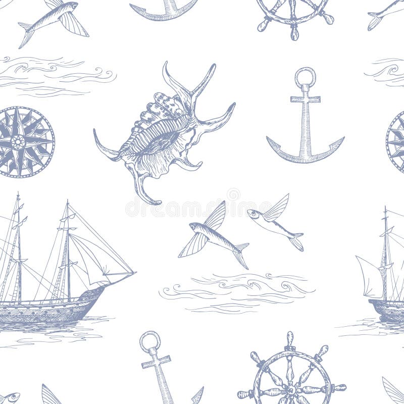 Nautical Pattern. Hand Drawn Realistic Outline Vector Illustration ...