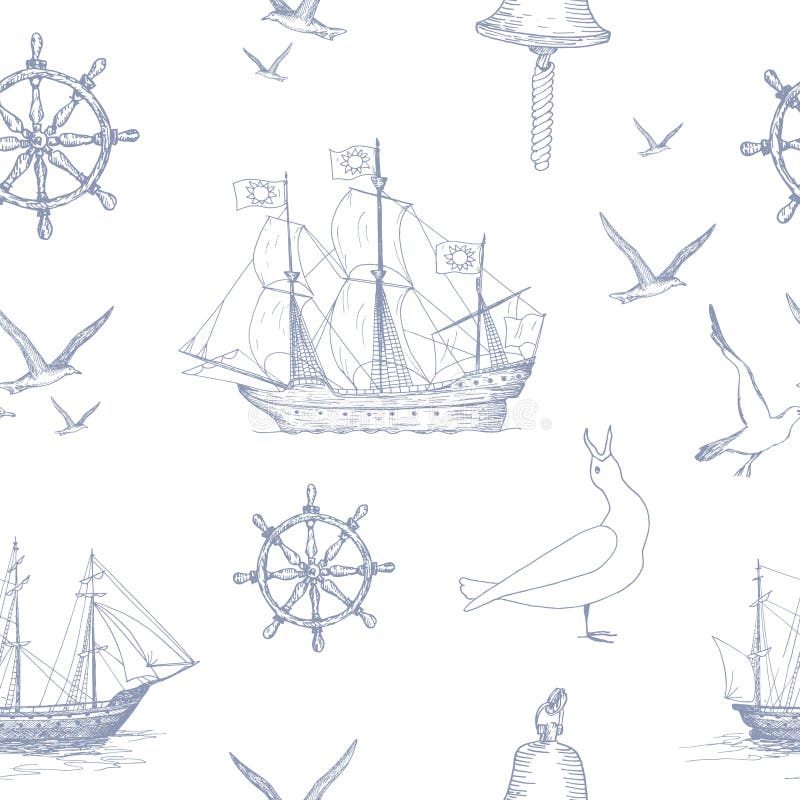 Nautical Pattern. Compass Rose. Hand Drawn Realistic Outline Vector ...