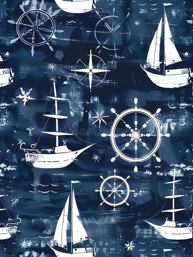 Nautical Pattern with Ships and Wheels Stock Vector - Illustration of ...