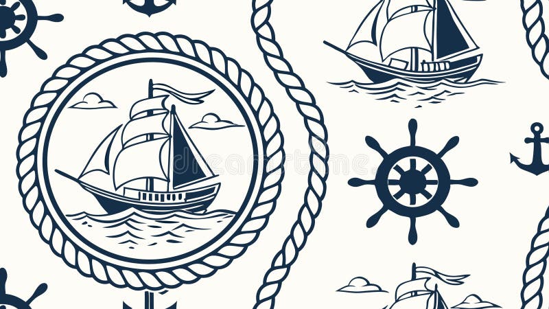 Nautical Rope Frame with Ship and Wheel, Maritime Border and Ocean ...