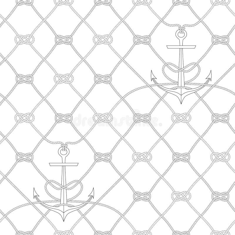 Nautical Rope Seamless Fishnet and Anchors Pattern Stock Vector ...