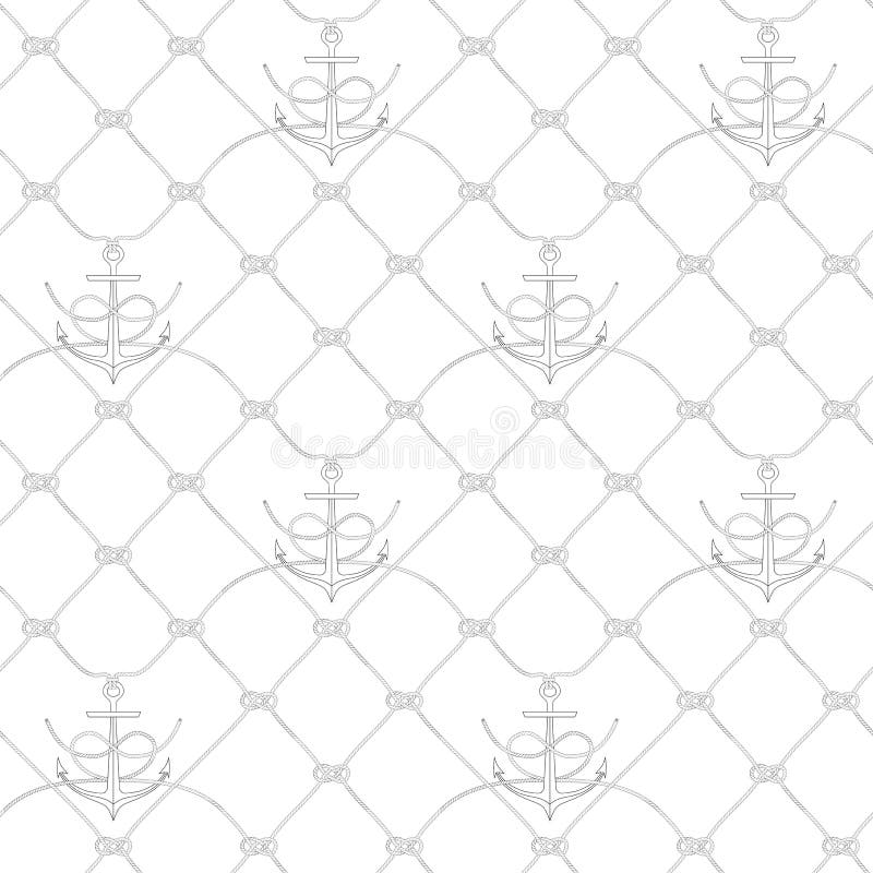 Nautical Rope Seamless Fishnet and Anchors Pattern Stock Vector ...