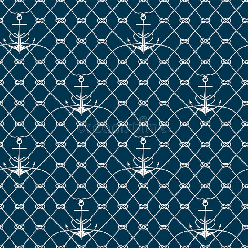 Nautical Rope Seamless Fishnet and Anchors Pattern Stock Vector ...