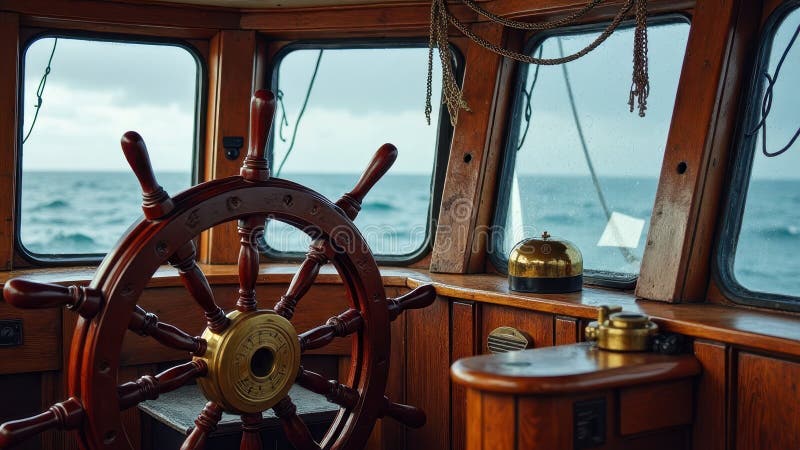 Nautical Scene from a Classic Wooden Ship S Wheelhouse Overlooking the ...