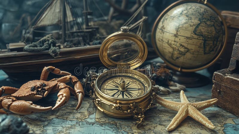Nautical Scene with Compass, Globe, and Marine Objects on Map Stock ...