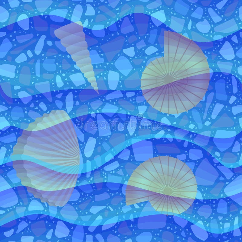 Nautical Seamless Pattern. Beautiful Seashells on Bottom with Stones ...