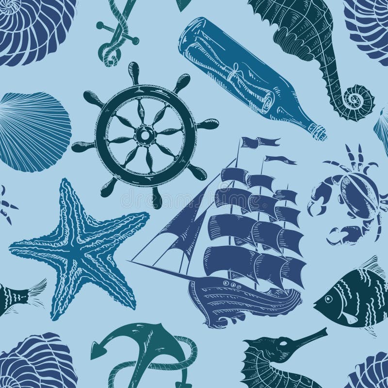 Nautical Design Elements Hand Drawn in Watercolor. Life Buoy with Rope, Compass, Anchor, Wooden ...