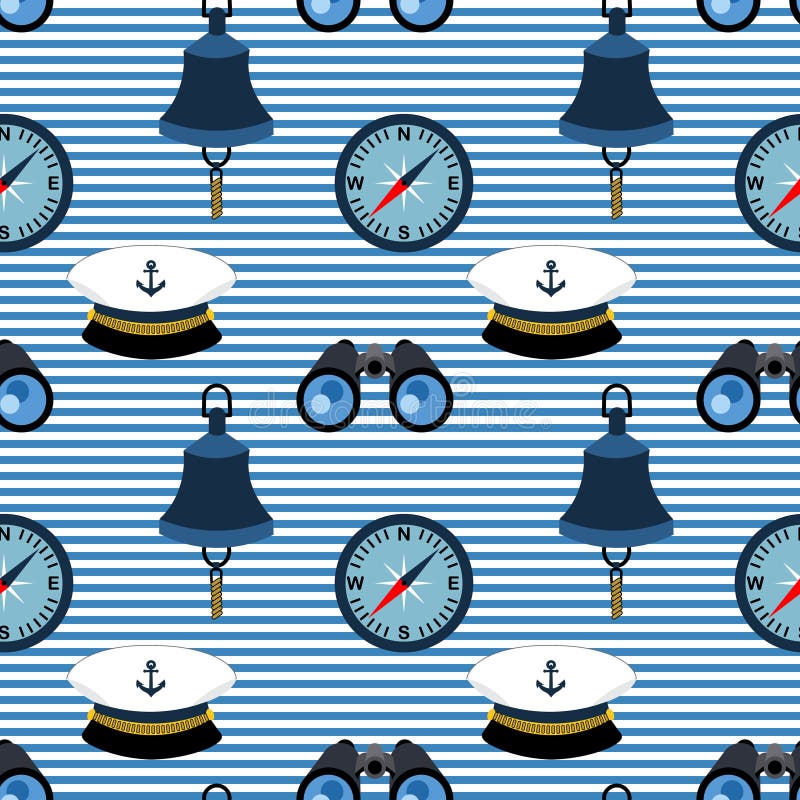 Nautical Seamless Pattern, Compass, Binoculars, Captain S Cap and Ship ...