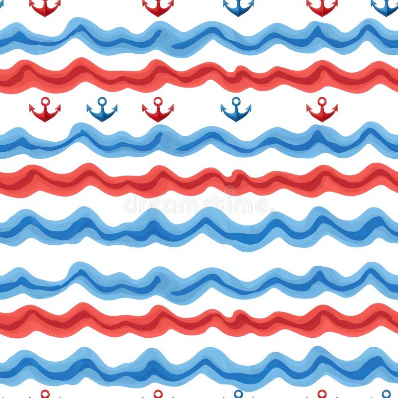 Nautical Seamless Pattern Featuring Anchors and Waves in Red and Blue ...