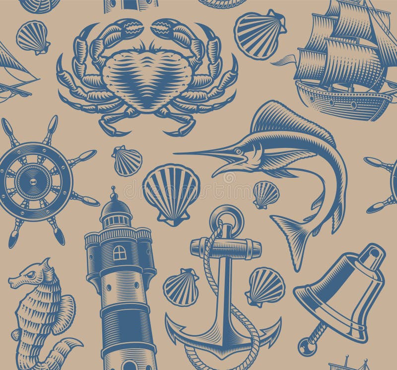 Nautical Seamless Pattern on White Background. Marine Theme Stock ...