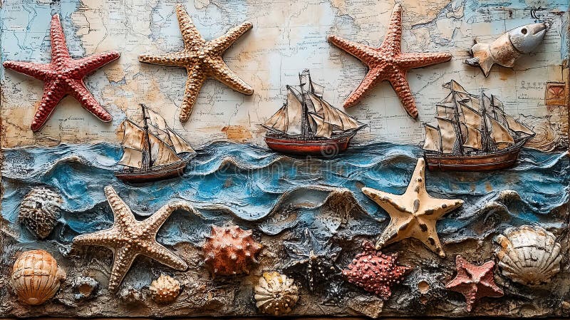 Nautical Seascape Artwork with Stars, Ships, and Shells Stock ...