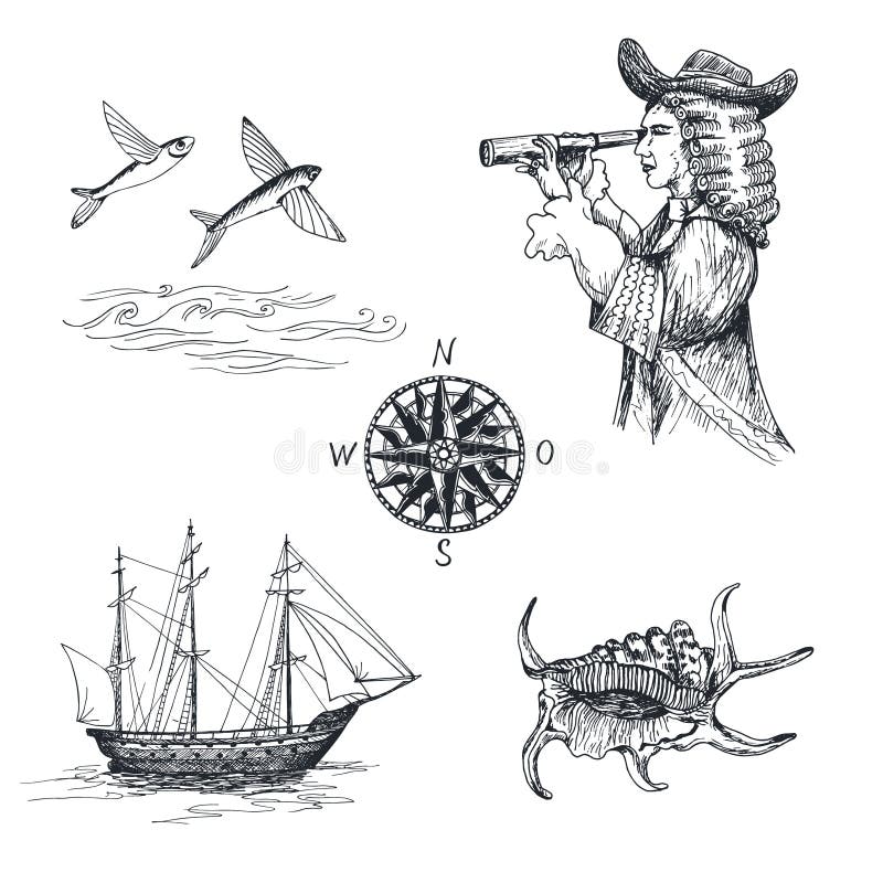 Nautical Set. Hand Drawn Black Realistic Outline Vector Illustration ...