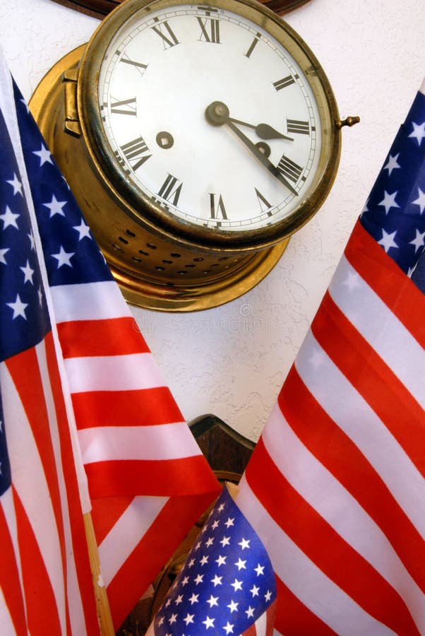 Nautical Ship S Clock and American Flags Stock Image - Image of veteran ...