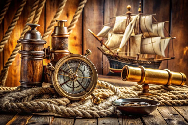 Nautical Still Life with Treasure Map, Compass, and Rope Stock ...