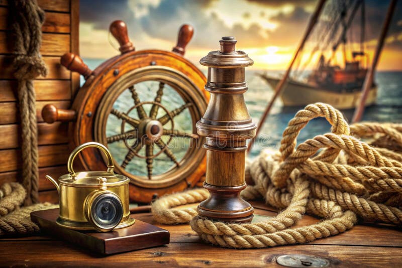 Nautical Still Life with Treasure Map, Compass, and Rope Stock ...