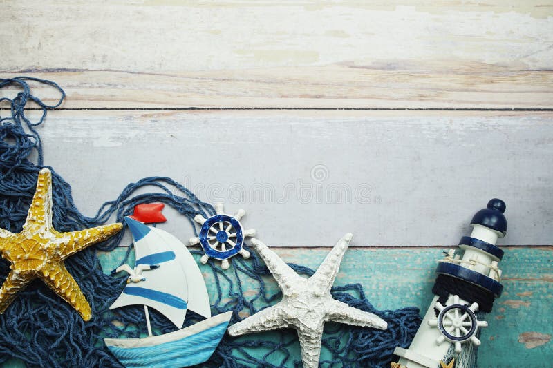 Nautical and Summer Background Top View on Wooden Background Stock ...