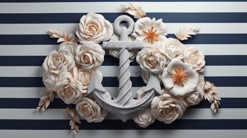 Nautical Theme with 3D Clay Anchor, Rope, Top View on Navy and White ...