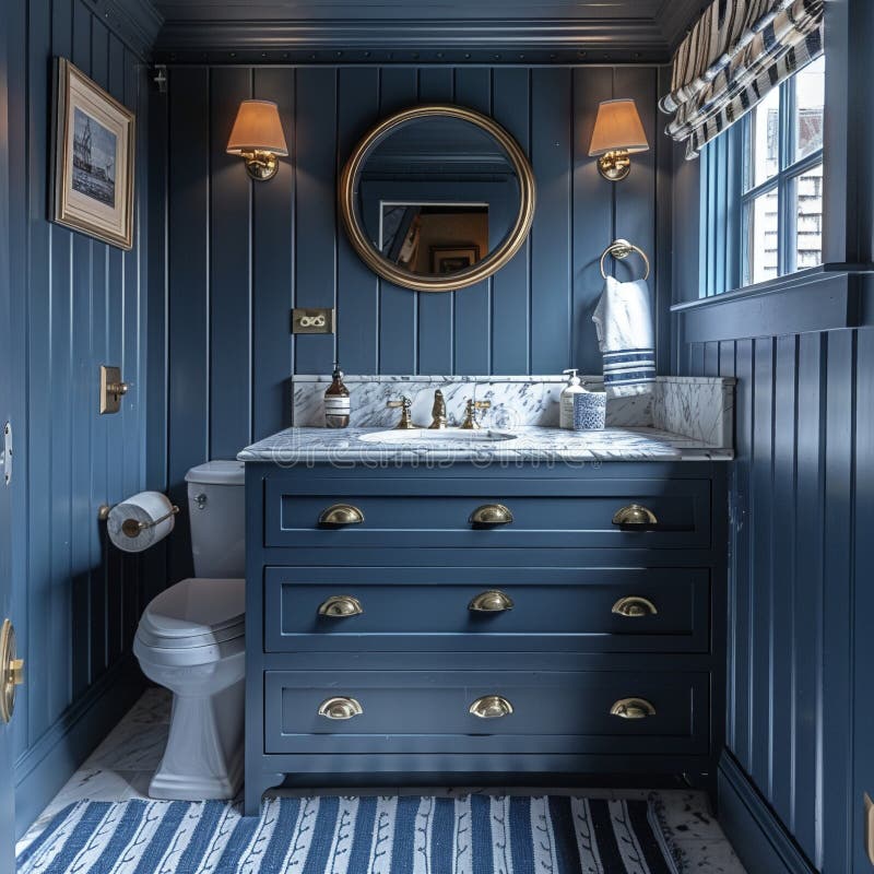 Nautical-themed Bathroom with Navy Stripes and Brass Fixtures Stock ...