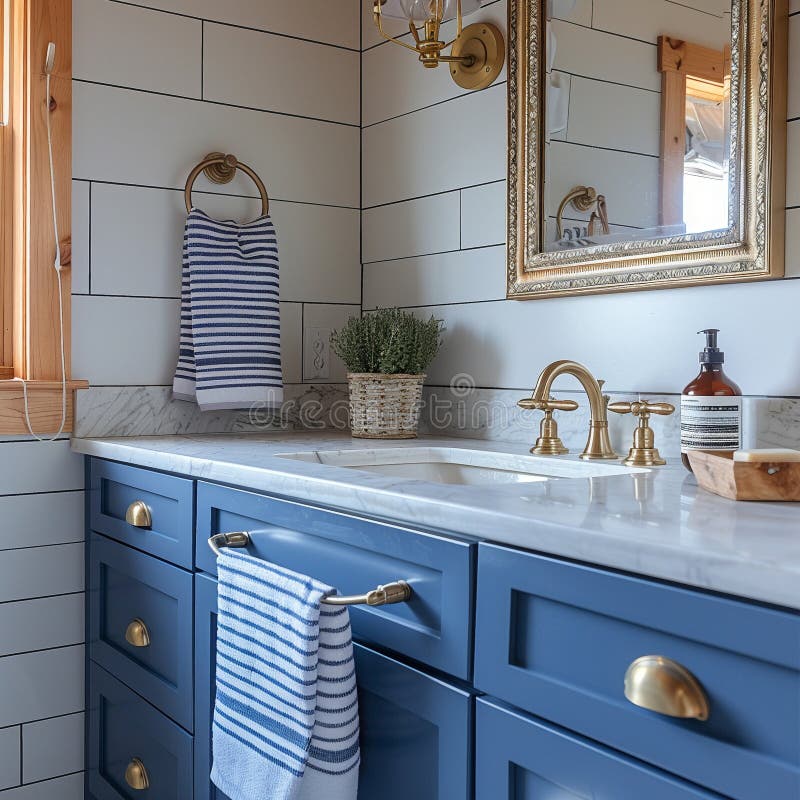 Nautical-themed Bathroom with Navy Stripes and Brass Fixtures Stock ...