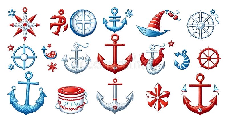 Nautical-themed Illustration Featuring Stylized Symbols in Red and Blue ...