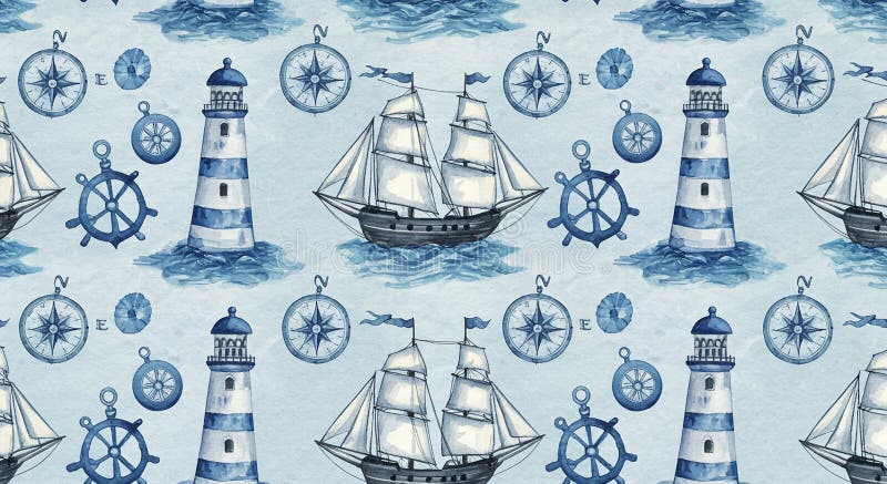 Nautical-themed Pattern Featuring Watercolor Illustrations of Ships ...