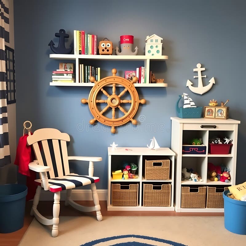 A Nautical Themed Playroom with Ship Wheel Bookshelf Anchor Chair and ...