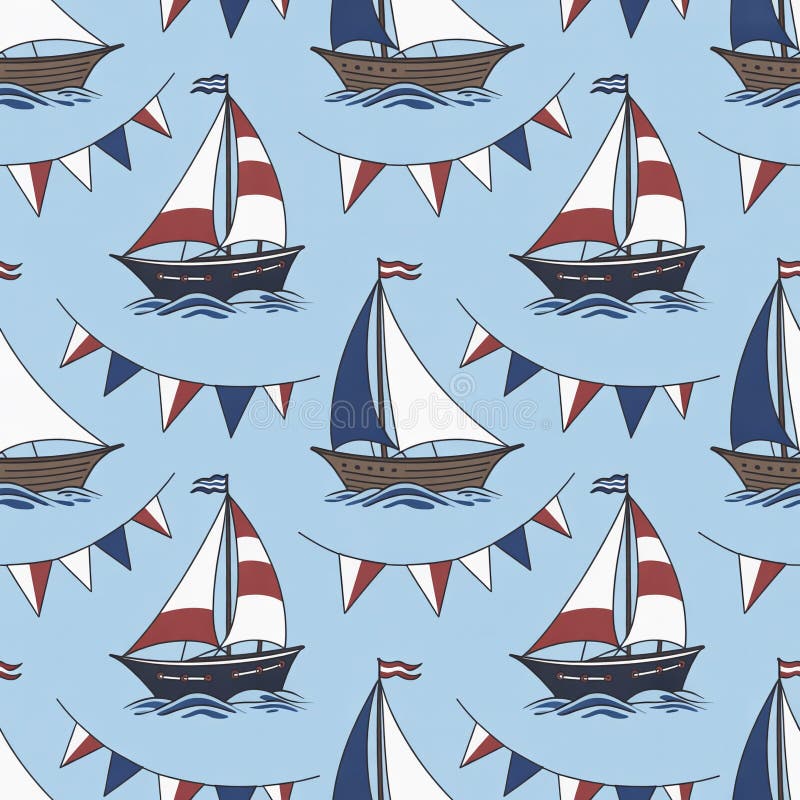 Nautical Themed Seamless Pattern Featuring Sailboats and Bunting Flags ...