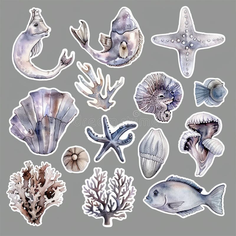 Nautical-themed Stickers with Starfish, Shells, and Bottles, Showcasing ...