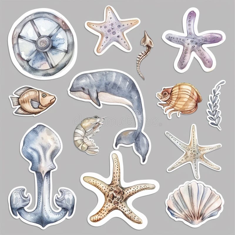 Nautical-themed Stickers with Starfish, Shells, and Bottles, Showcasing ...