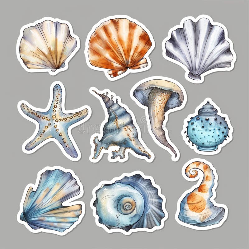 Nautical-themed Stickers with Starfish, Shells, and Bottles, Showcasing ...