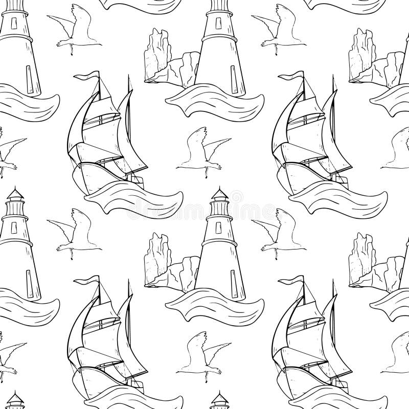 Nautical Vector Graphic Seamless Pattern of Sailing Ship on Wave ...