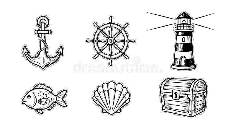 Nautical Vector Set with Anchor, Ship Wheel, Lighthouse, Fish, Shell ...