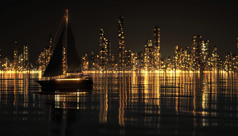Nautical Vessel Sails through Dark Night, Reflecting Illuminated ...