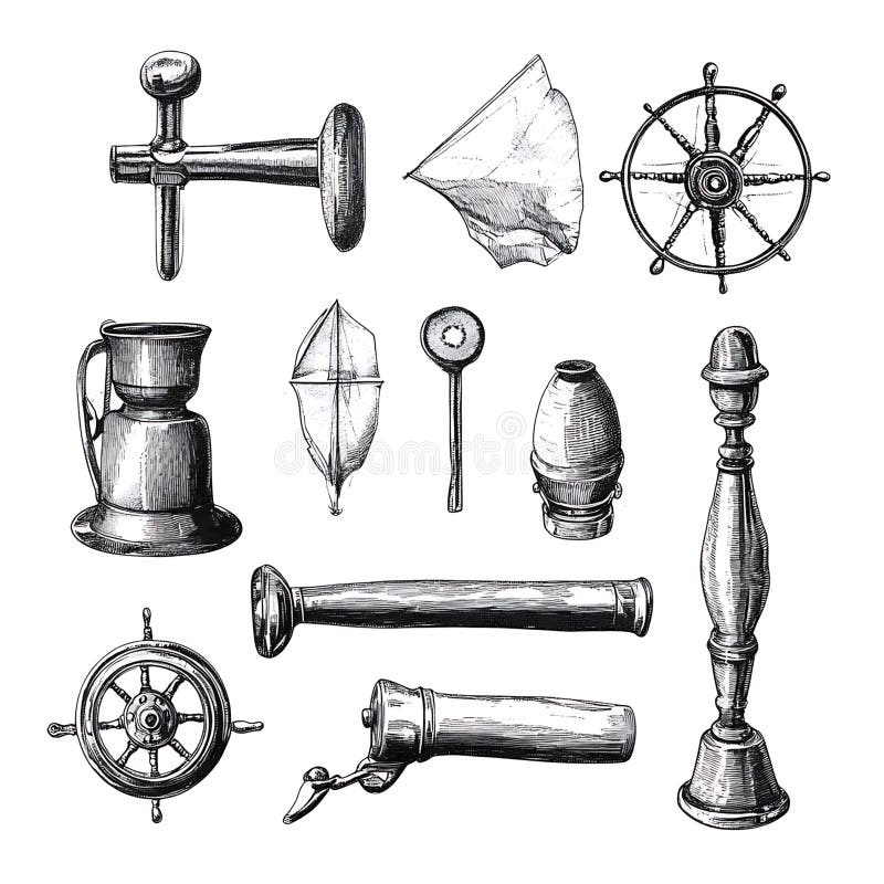 Nautical and Vintage Hand-drawn Items Collection Stock Illustration ...