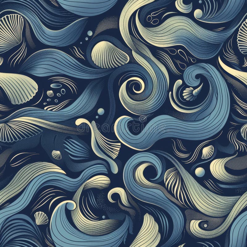 Nautical Waves and Marine Life Seamless Pattern Design Stock Image ...