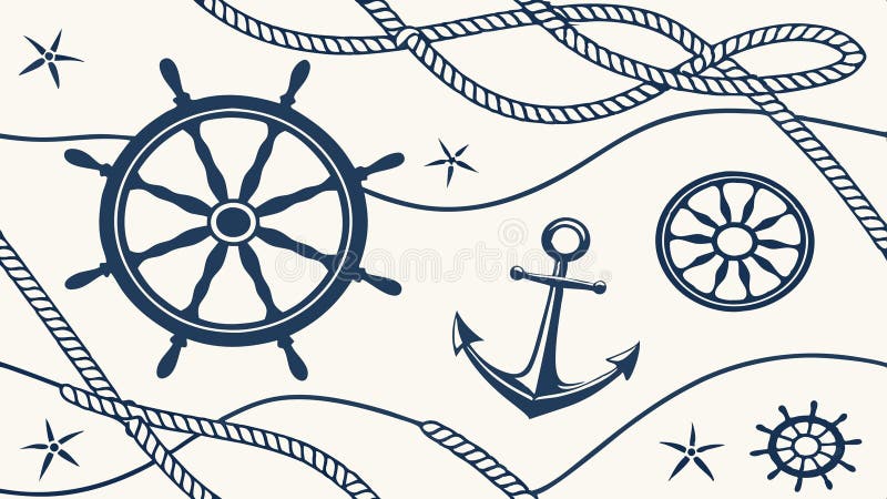 Nautical Wheel Anchor Rope, Maritime Elements Sailing Theme Vector ...