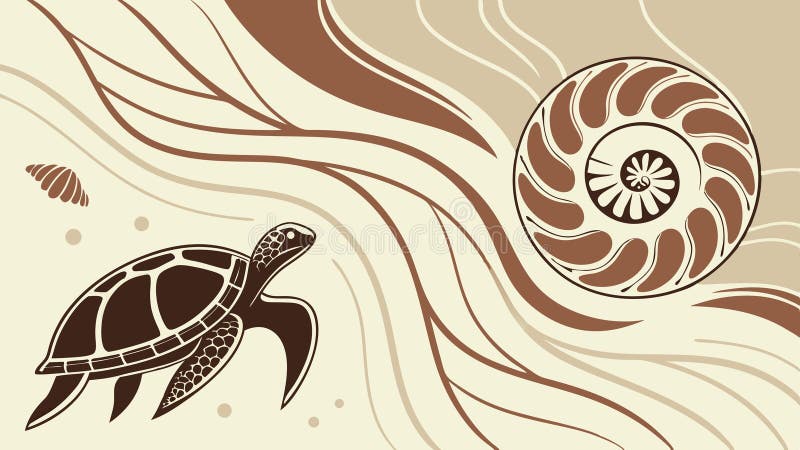 Nautilus Shell with Abstract Waves and Turtle Illustration, Vector ...