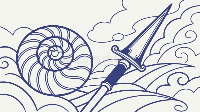 Nautilus Shell and an Ancient Spear in Swirling Waters. Vector Design ...