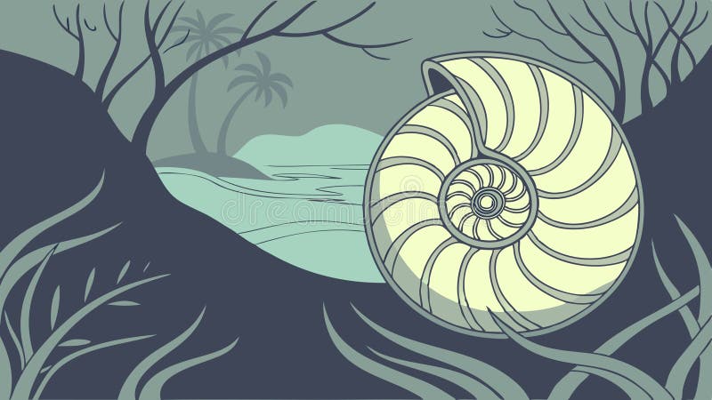 Nautilus Shell in Dark Lake, Mysterious Depth, Vector Design Generative ...