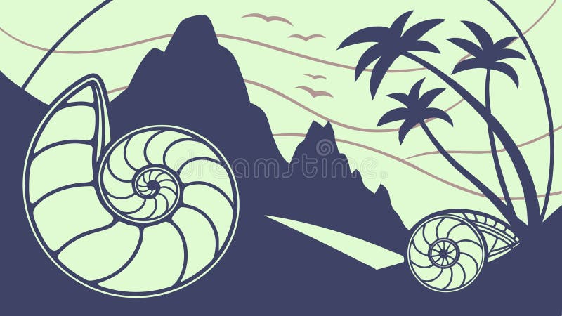Nautilus Shell and Palm Trees Vector Illustration, Tropical Finds ...