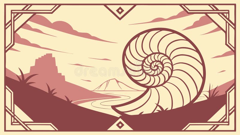 Nautilus Shell with Patterned Frame and Landscape, Vector Design ...