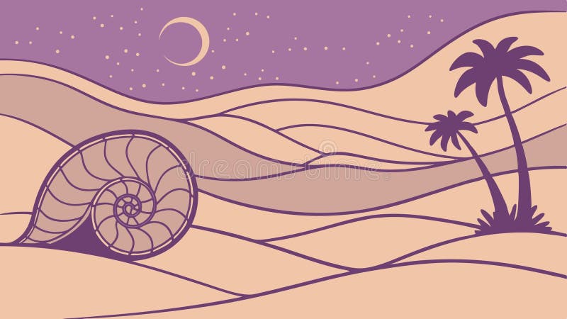 Nautilus Shell in Purple Waves with Palm Trees, Vector Design ...
